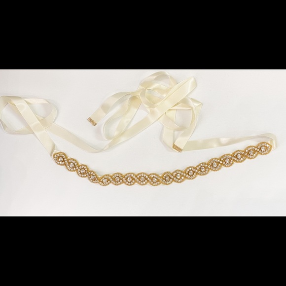 Accessories | Gold Rhinestone Sash With Ivory Ribbon | Poshmark